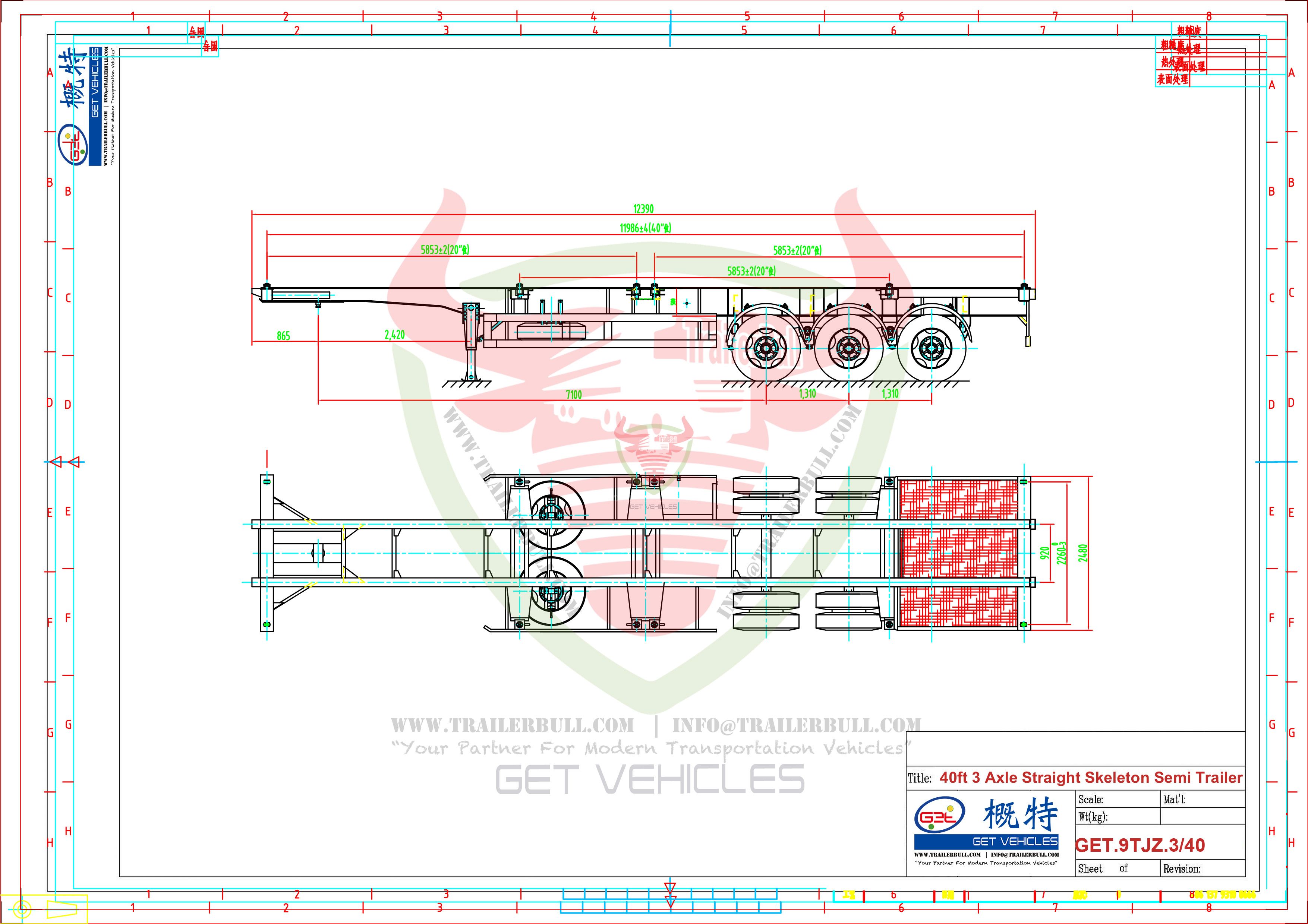 40ft Skeleton Semi Trailer with 3 Axles And Straight Beam for Container ...